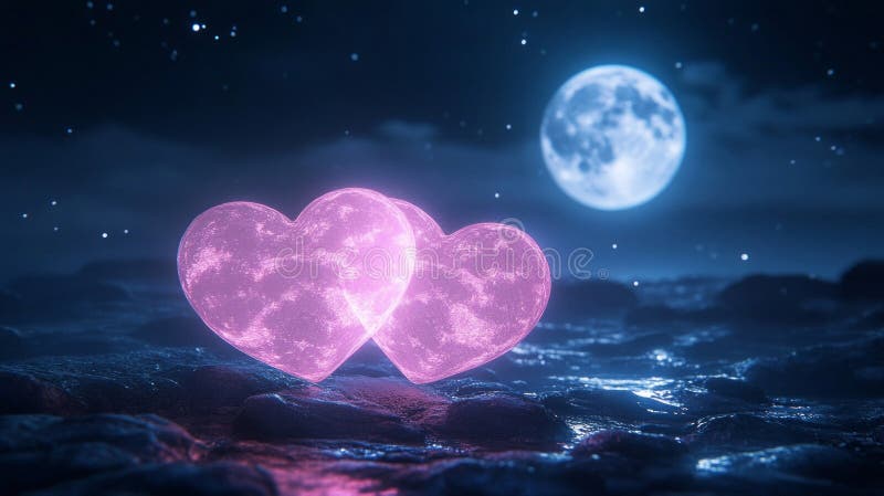 Glowing Hearts Under a Full Moon at Night Stock Illustration ...