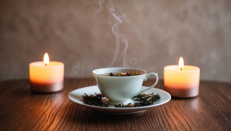 Glowing Herbal Tea with Candles on Oak Table. Stock Image - Image of ...