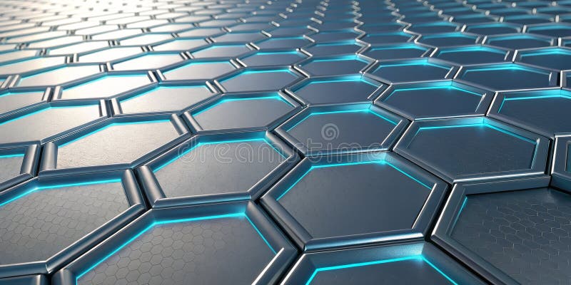 Glowing Hexagon Grid 3D Render, Abstract Tech Background, Metal, Blue, Cyberpunk Hexagon ...