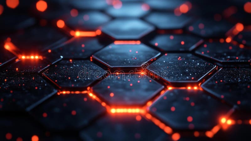 Glowing Hexagonal Grid with Red Sparks Stock Illustration ...