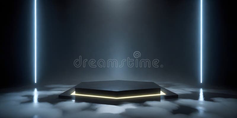 A Glowing Hexagonal Platform Floating in a Dark, Misty Environment ...