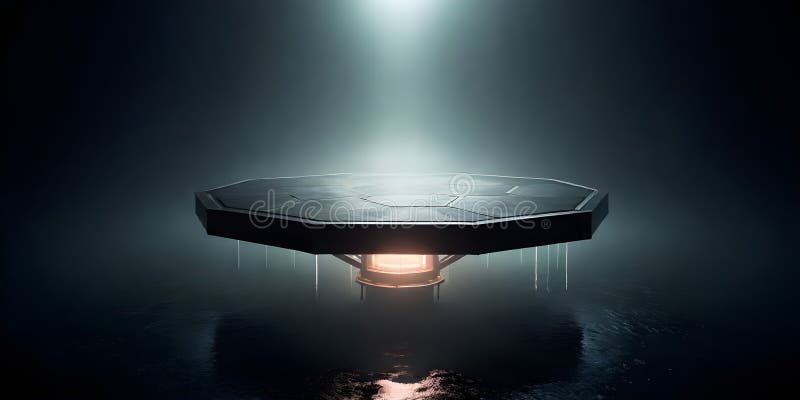 A Glowing Hexagonal Platform Floating in a Dark, Misty Environment ...