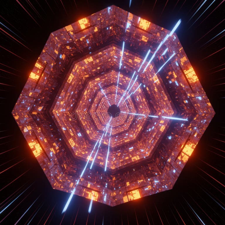 Glowing Hexagonal Tunnel with Orange and Blue Lights Stock Illustration ...