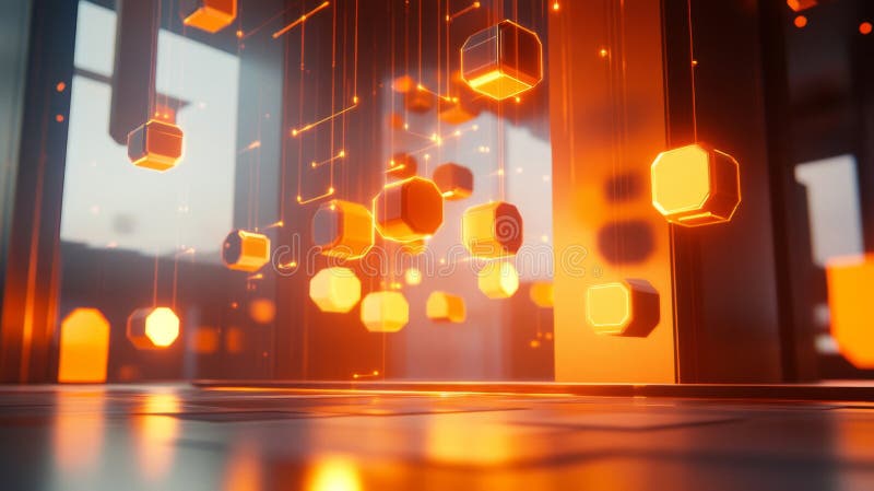 Glowing Hexagons Falling in Abstract Digital Space Stock Illustration ...