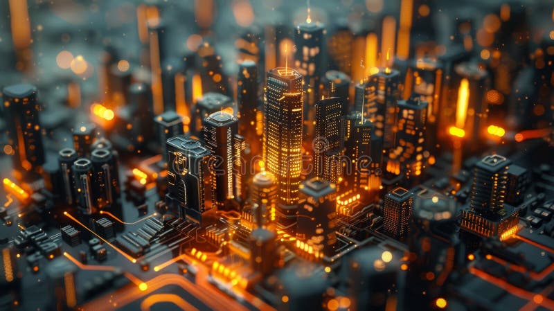Glowing High Tech Cityscape Rising from Sprawling Urban Landscape at ... Glowing High Tech Cityscape Rising from Sprawling Urban Landscape at ...