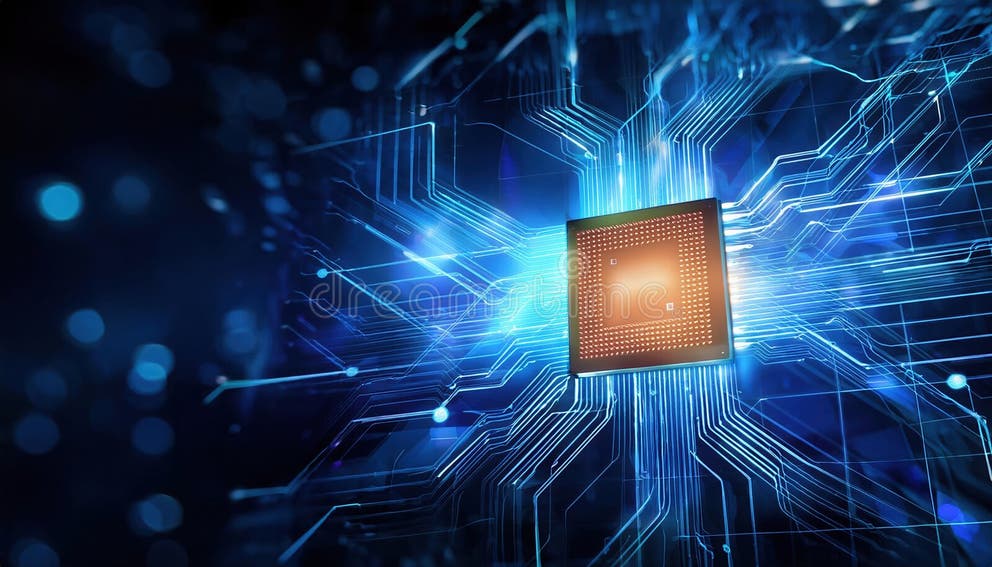 Glowing High Tech Processor Surrounded by Neural Networks in Modern Lab ...