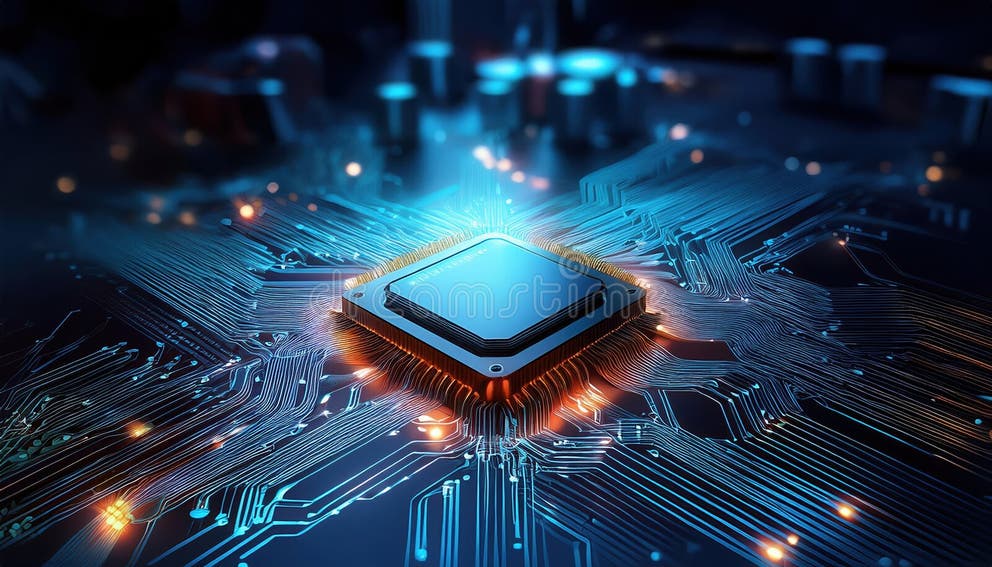 Glowing High Tech Processor Surrounded by Neural Networks in Modern Lab ...