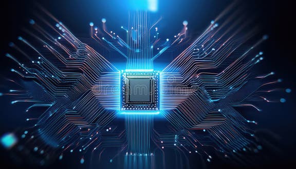 Glowing High Tech Processor Surrounded by Neural Networks in Modern Lab ...