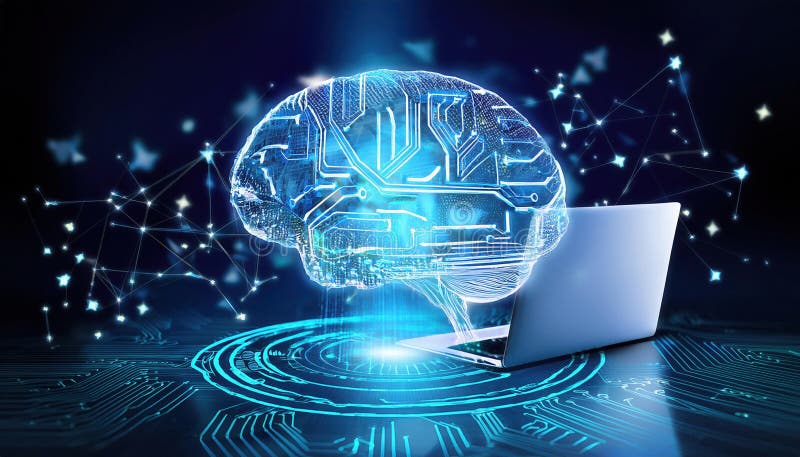Glowing Holographic Brain Connected To Laptop, Surrounded by Data ...