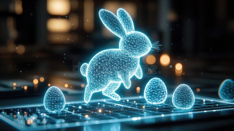 A Glowing Holographic Rabbit Jumps Over Digital Eggs in a Futuristic ...