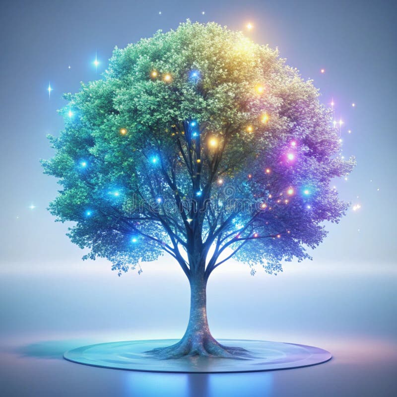 Glowing Holographic Tree with Floating Leaves Stock Illustration ...