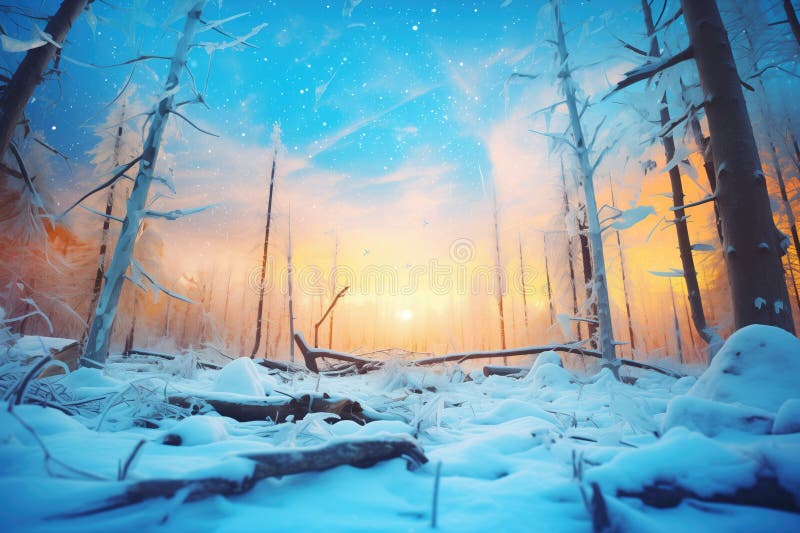 Glowing Horizon Behind Icy Forest Stock Photo - Image of serene, wintry ...