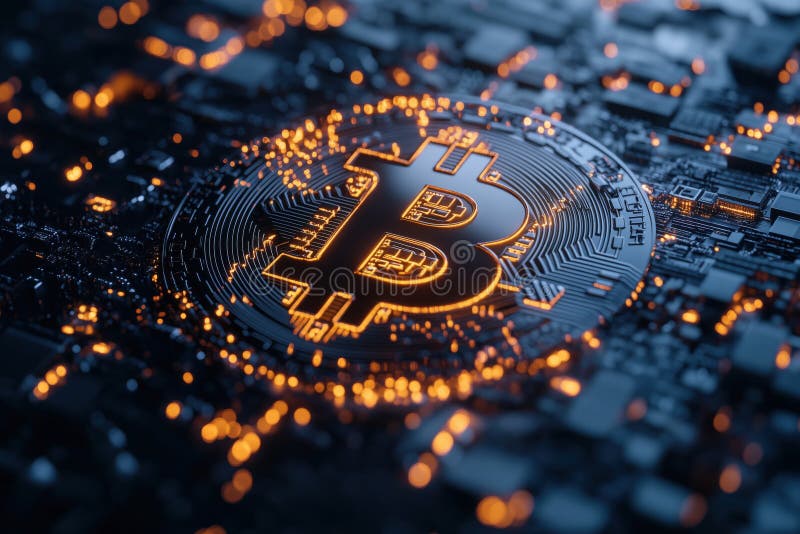 A Glowing Hot Bitcoin Embedded in a Computer Motherboard Stock ...