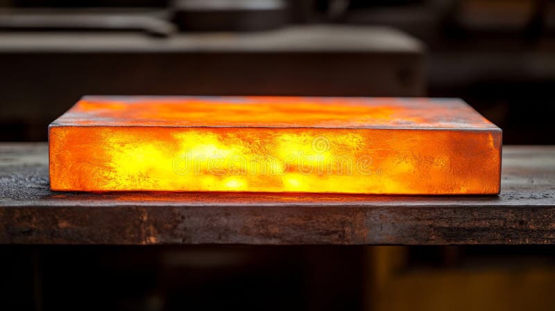 Glowing Hot Metal Ingot on Anvil Industrial Background of a Foundry or ...