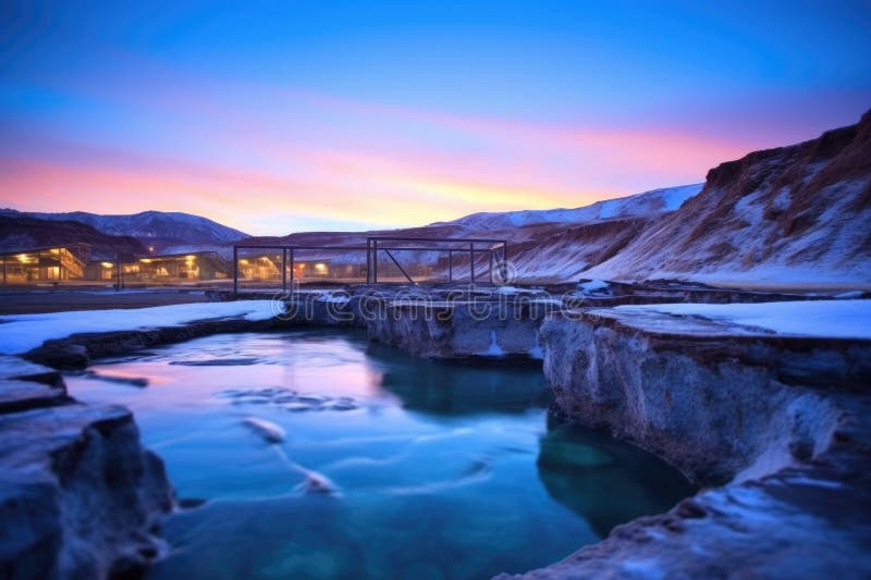 Glowing Hot Spring Pool Bathed in Twilight Stock Illustration ...
