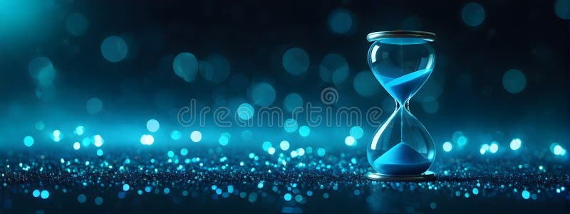 A Glowing Hourglass with Blue Sand Against a Sparkling Background ...