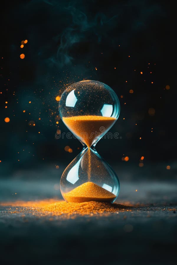Glowing Hourglass with Golden Sand and Floating Particles in Dark ...
