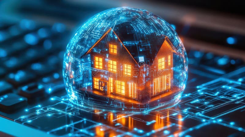 Glowing House Under Digital Dome on Computer Network Representing ...