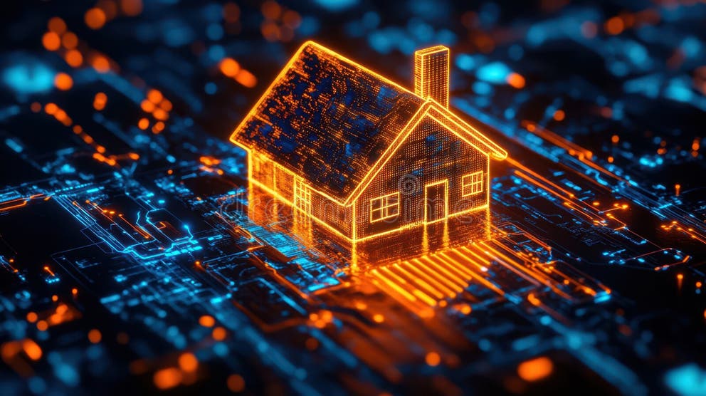 Glowing House Under Digital Dome on Computer Network Representing ...