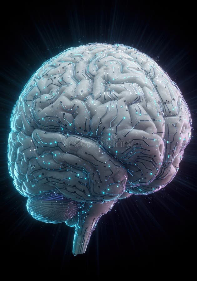 Glowing Human Brain with Circuitry Detail Stock Illustration ...