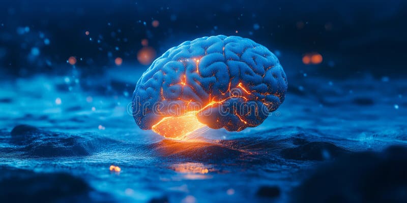 A Glowing Human Brain Emerges from a Dark, Watery Abyss, Radiating an ...