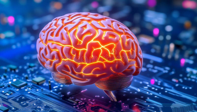 Glowing Human Brain on Futuristic Circuit Board, Artificial Intelligence and Neural Network ...