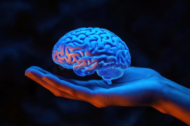 A Glowing Human Brain Held in an Outstretched Palm Stock Illustration ...