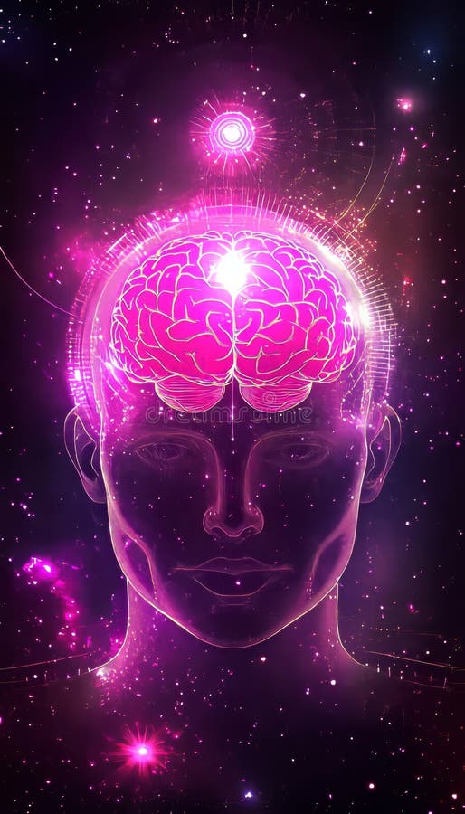 Glowing Human Brain Inside a Transparent Head on Galaxy Background ...