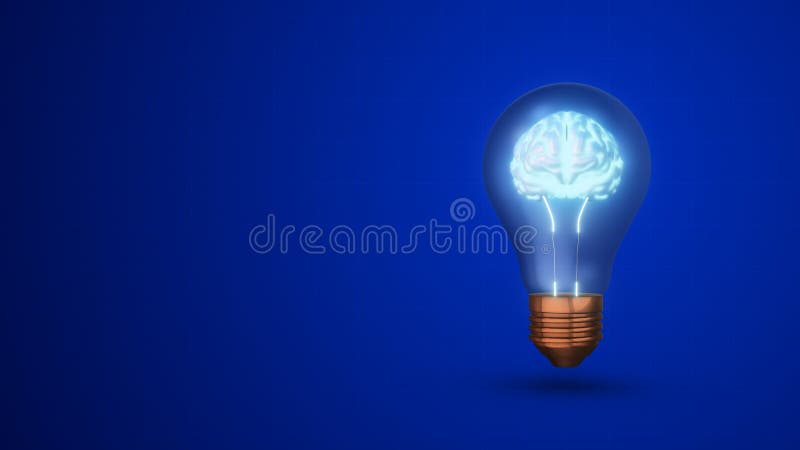 Glowing Human Brain in a Lightbulb on a Blue Background Stock ...