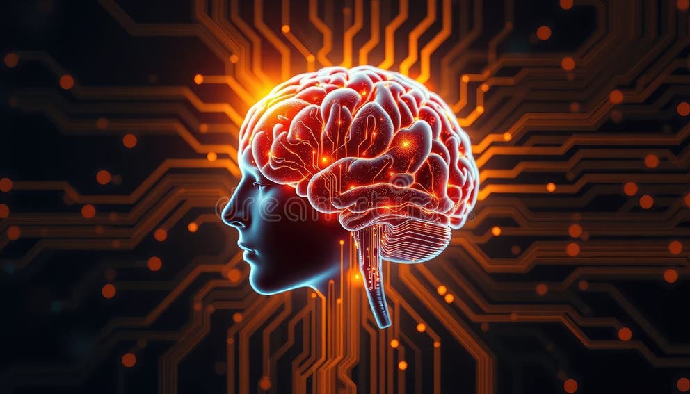 Glowing Human Brain Merging with a Circuit Board, Symbolizing the ...