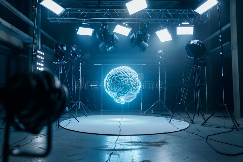 Glowing Human Brain on Podium. Sci Fi Research Laboratory Stock ...