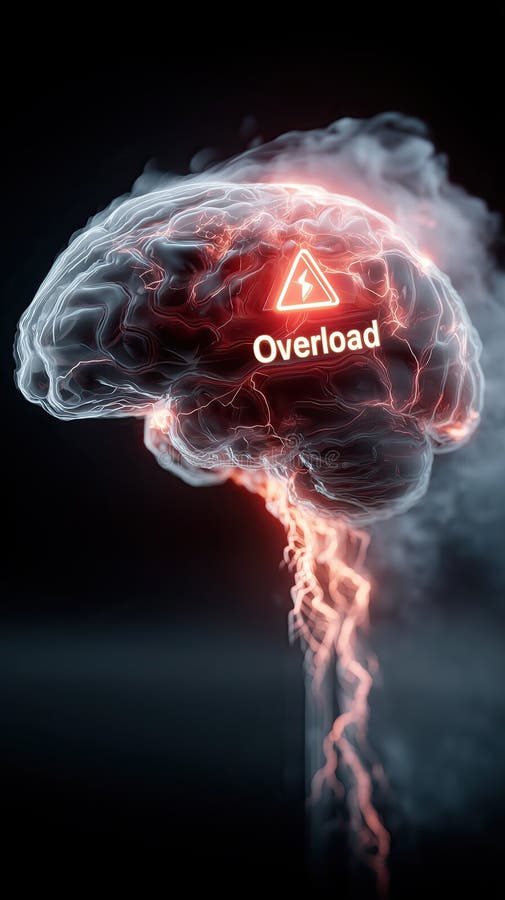 Glowing Human Brain with Red Warning Light Flashing Overload ...