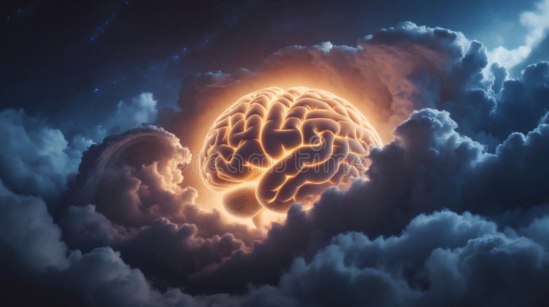 A Glowing Human Brain Surrounded by Dramatic Clouds, Suggesting Ideas ...