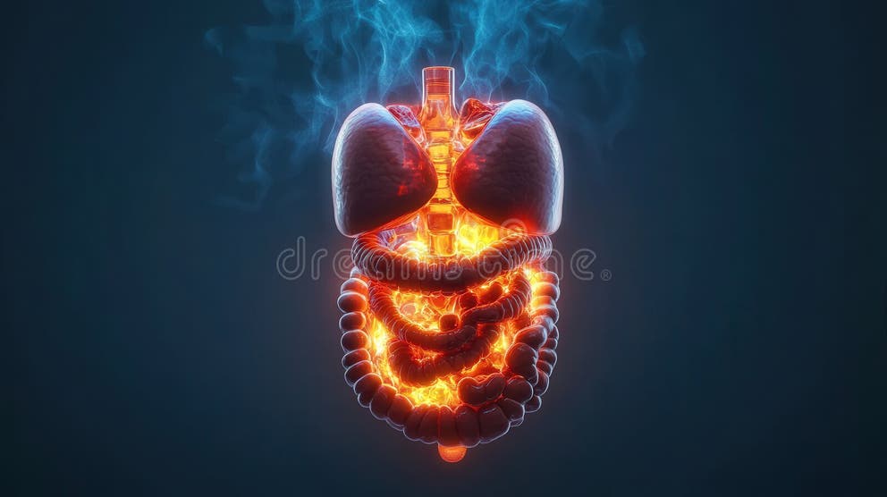 Glowing Human Digestive System with Lungs in Blue and Orange Light ...