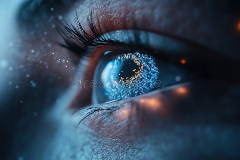 Glowing Human Eyes Reflect Digital Patterns, Surrounded by Transparent ...