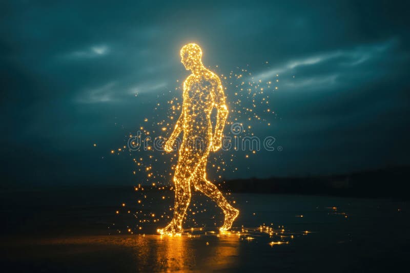 Glowing Human Figure Walking, Surrounded by Sparkling Particles ...