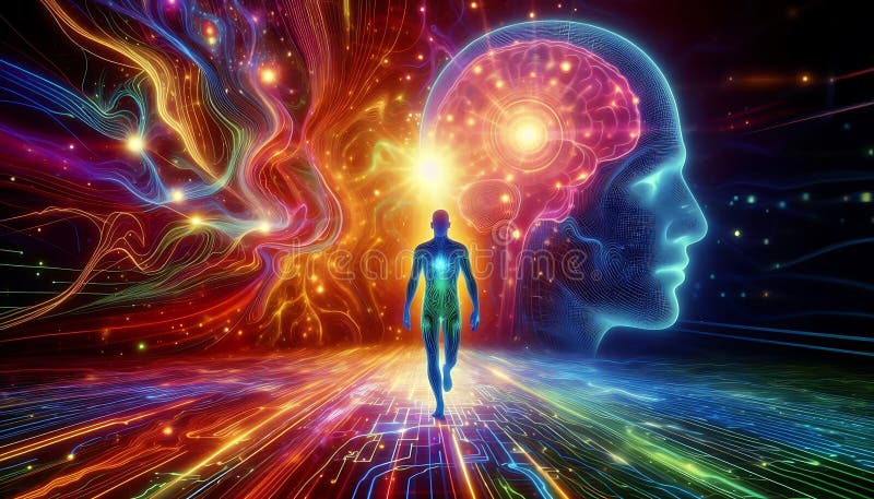 Glowing Human Figure Walking through Vibrant, Radiant Pathways ...