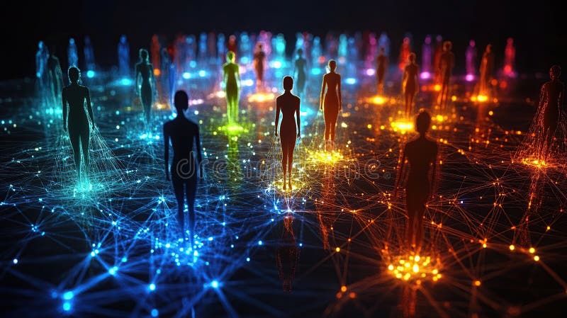 Glowing Human Figures Interconnected by a Vibrant Network of Light ...