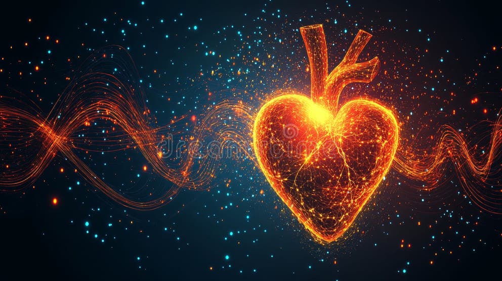 Glowing Human Heart with Dynamic ECG Waveform on Dark Background ...