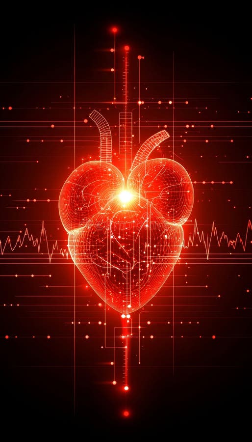 Glowing Human Heart with Dynamic ECG Waveform on Dark Background ...