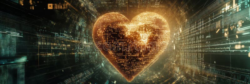 A Glowing Human Heart is Encircled by Streams of Digital Code ...