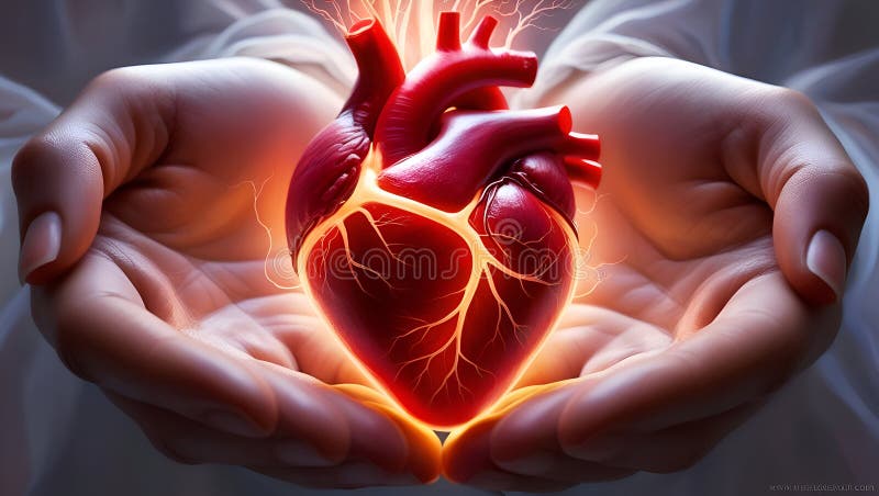Glowing Human Heart in Hands Stock Illustration - Illustration of blood ...