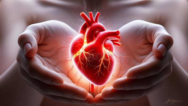Glowing Human Heart in Hands Stock Illustration - Illustration of ...