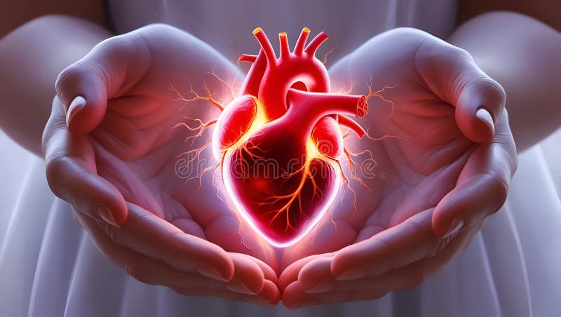 Glowing Human Heart in Hands Stock Illustration - Illustration of ...