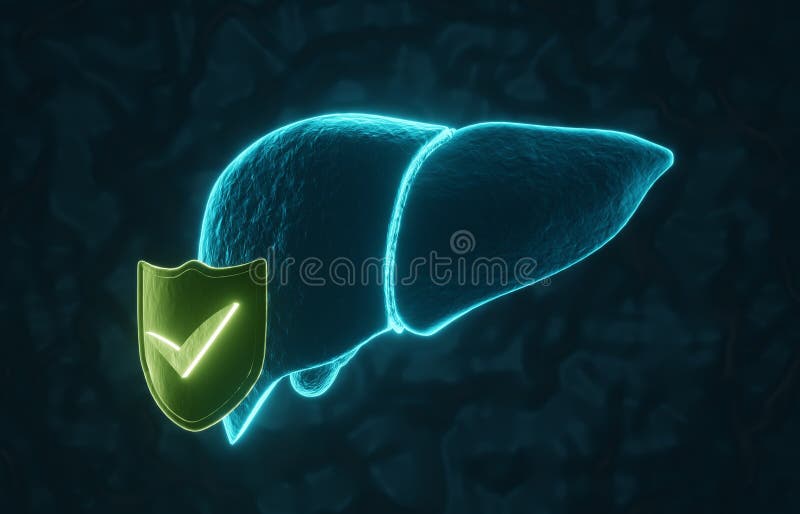 Glowing Human Liver with Shield on Dark Blue Background Stock ...