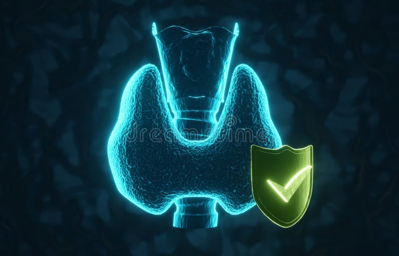 Glowing Human Thyroid Gland with Shield on Dark Blue Background Stock ...
