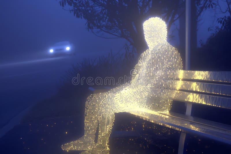 A Glowing Humanoid Figure Made of Tiny Lights is Seated on a Bench ...