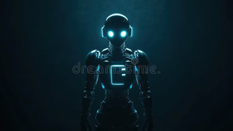 Minimalist Glowing Humanoid Robot Stands in a Dark Environment with ...