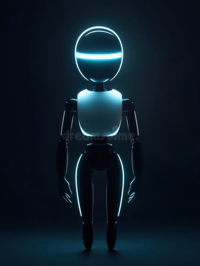 Glowing Humanoid Robot Stands Centered in Dark Space with Minimalist ...