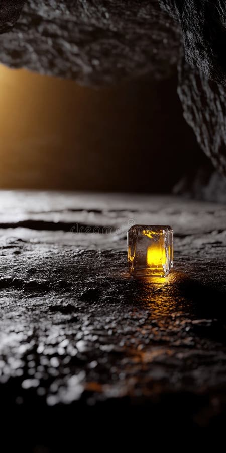 Glowing Ice Block on Cave Floor with Reflected Light at Night Stock ...